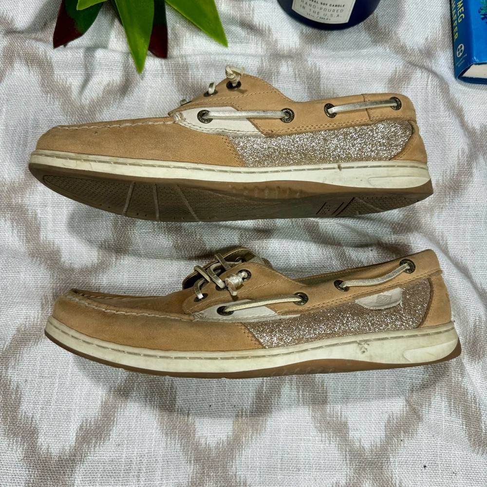 Sperry Tan And Gold Glitter Loafers - Gem